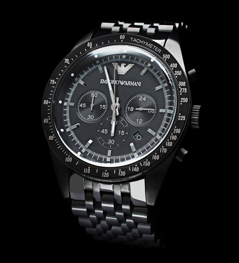 Emporio Armani Tazio Chronograph Matte Black Dial Black PVD-Plated Sta ...